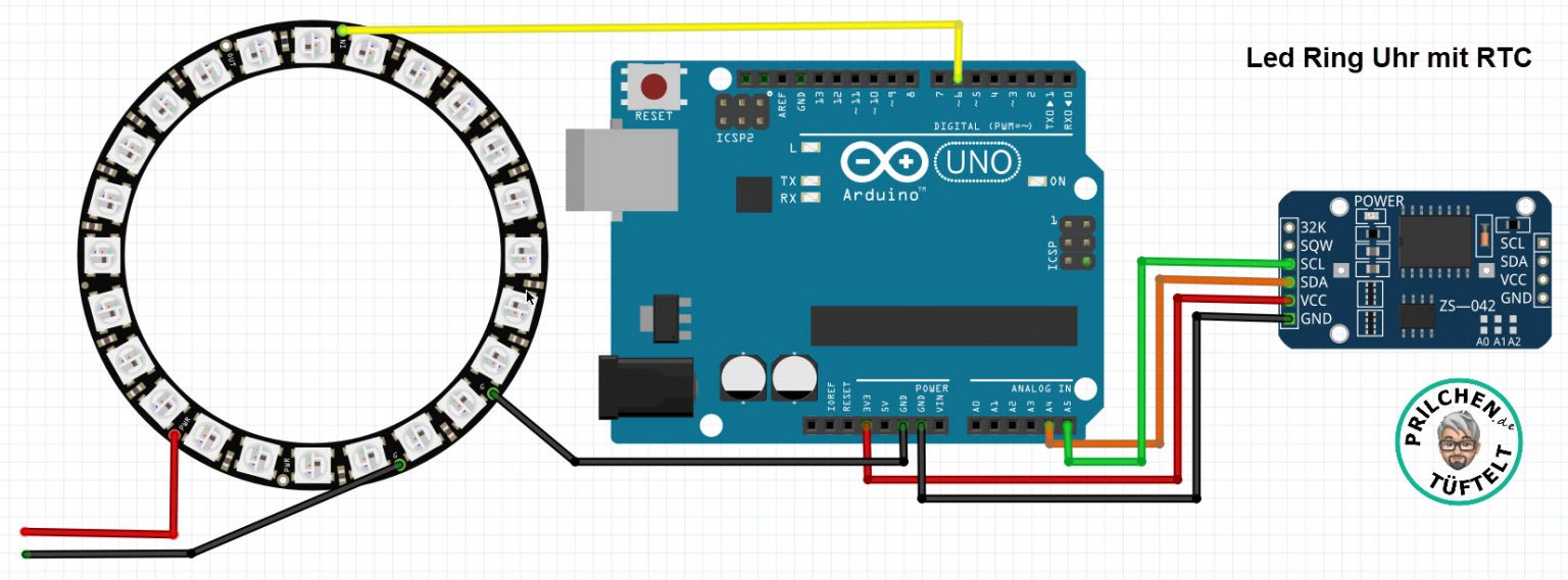 Digitale Uhr mit Arduino, LED-Ring und RTC-Modul – Prilchen tüftelt